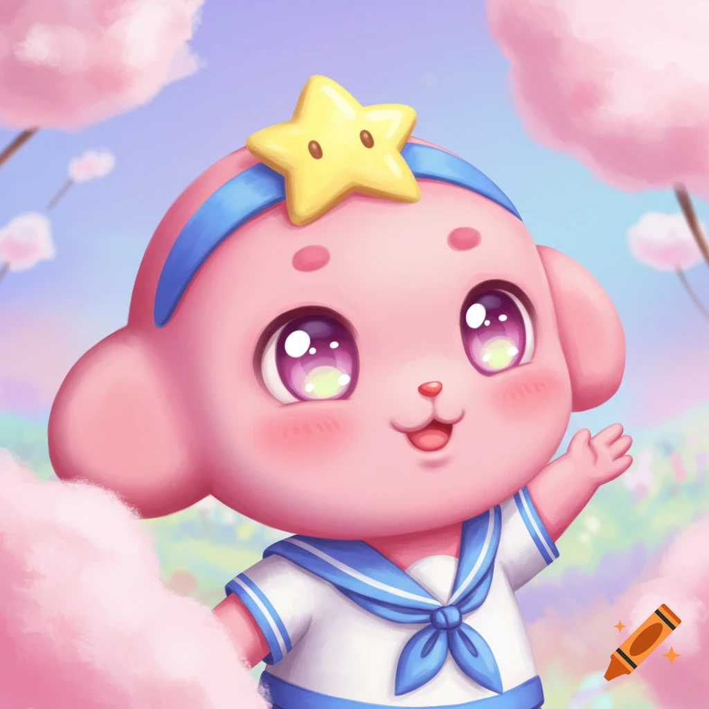 Cute pink creature in sailor suit with star headband, digital art. on ...