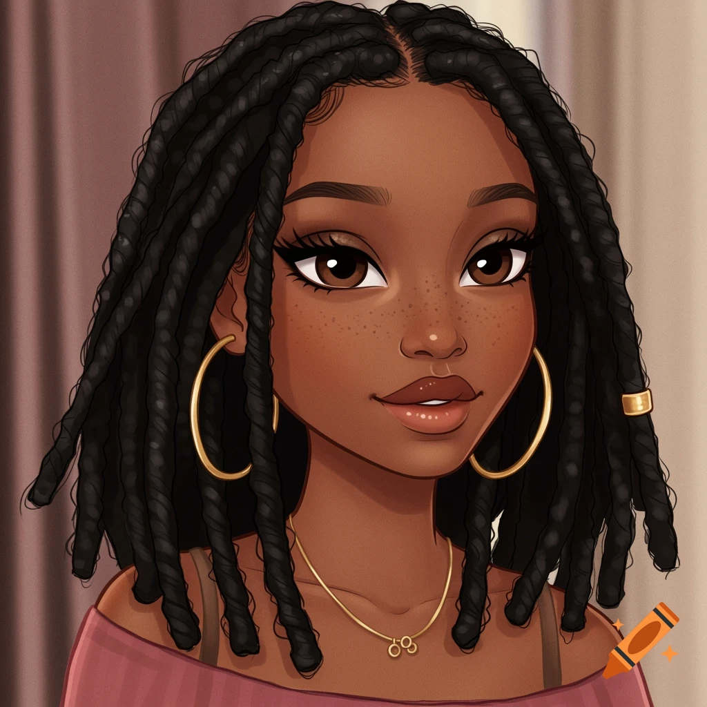 Cartoon of a light brown skinned girl with black locs, almond shaped ...