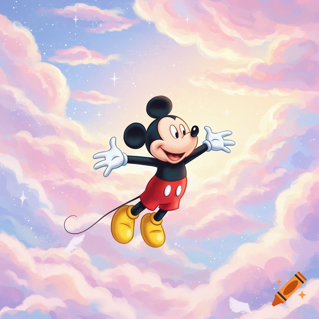 Mickey Mouse flying through colorful clouds in a vibrant style. on Craiyon