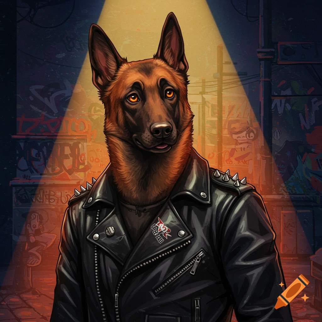 A punk dog with a mohawk and studded jacket standing in a graffiti ...
