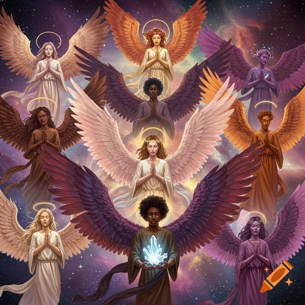 Nine angels with wings praying in a cosmic background. on Craiyon