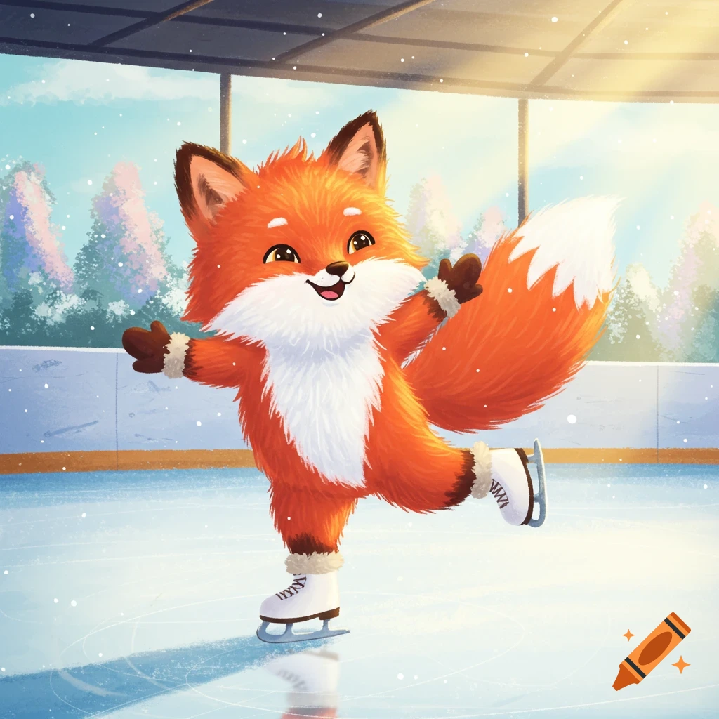 Cute fox figure skating in white skates and mittens on Craiyon