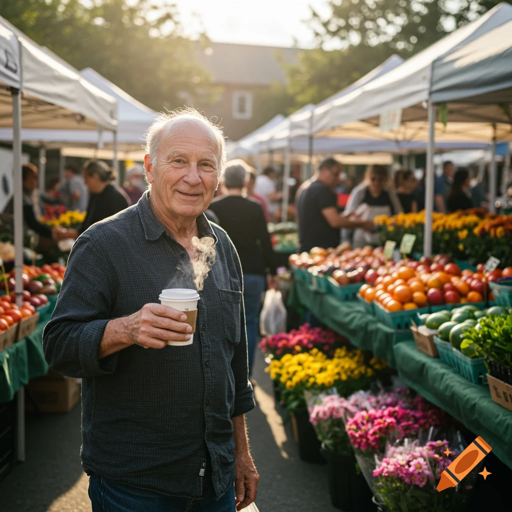 An old man smiles, holding a coffee cup at a photorealistic outdoor ...