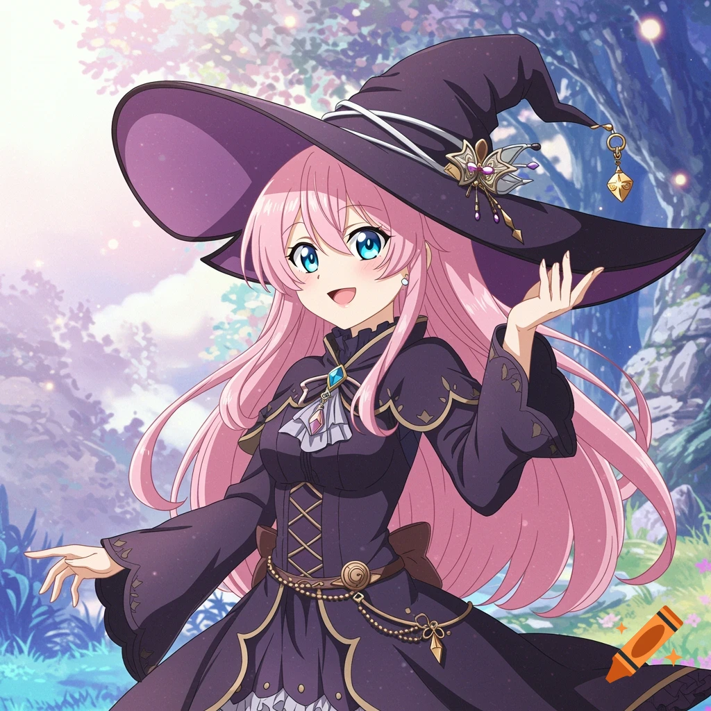 Anime girl with black hair and purple eyes in a fantasy outfit standing ...