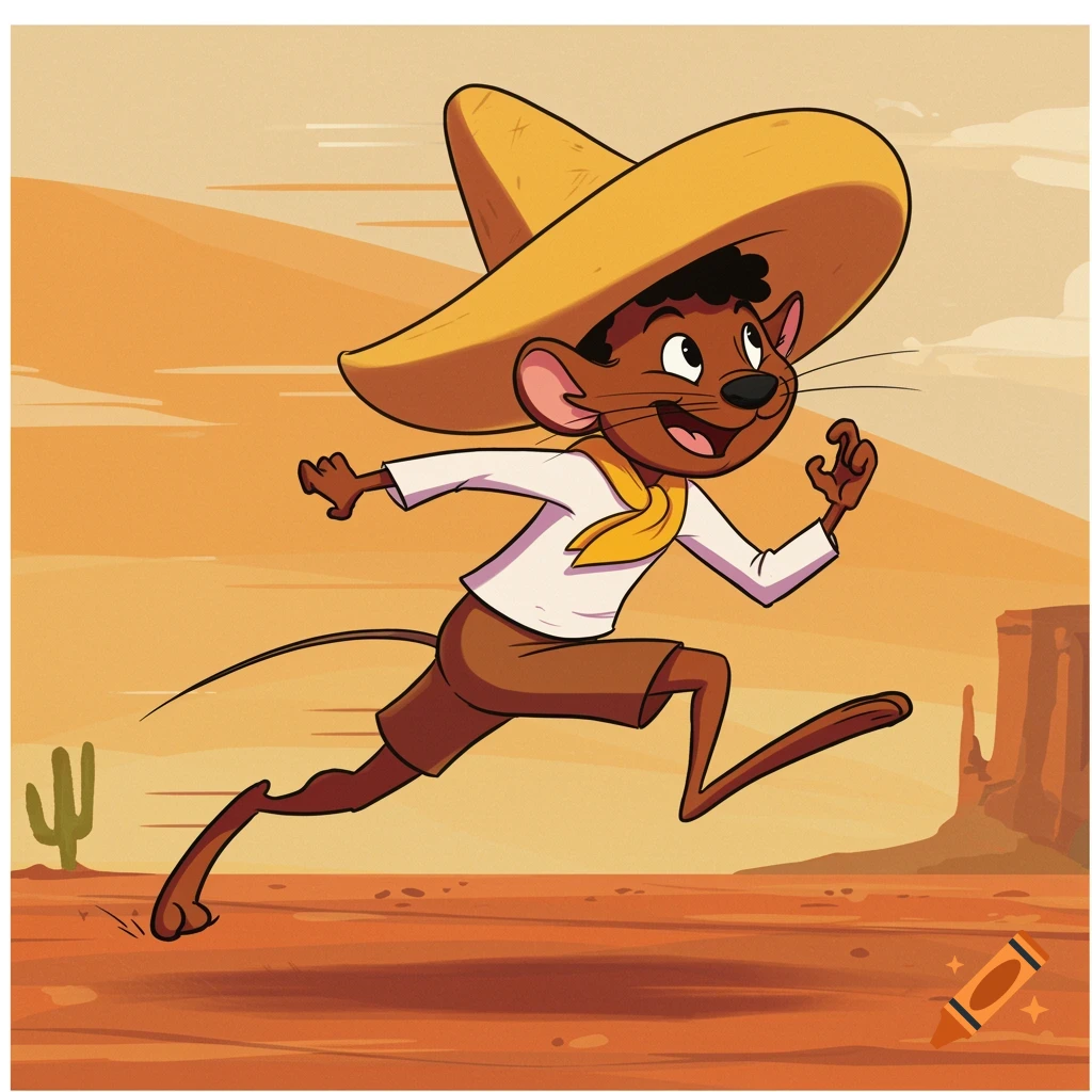 Cartoon mouse in sombrero and shorts running in desert on Craiyon