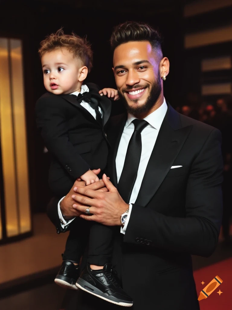 Neymar and his son Davi Luca at football awards in suits on Craiyon