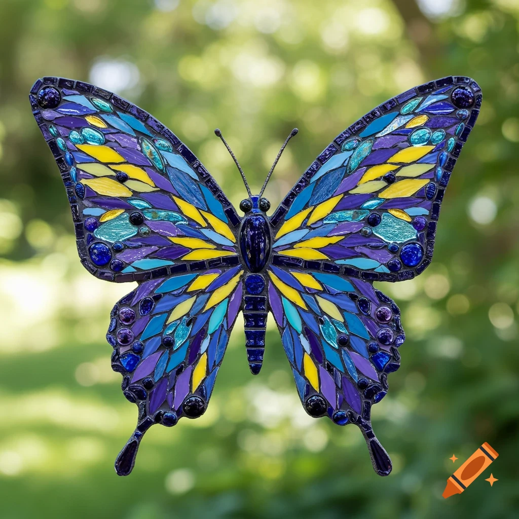 Colorful mosaic butterfly with blue, purple, yellow, turquoise colors ...