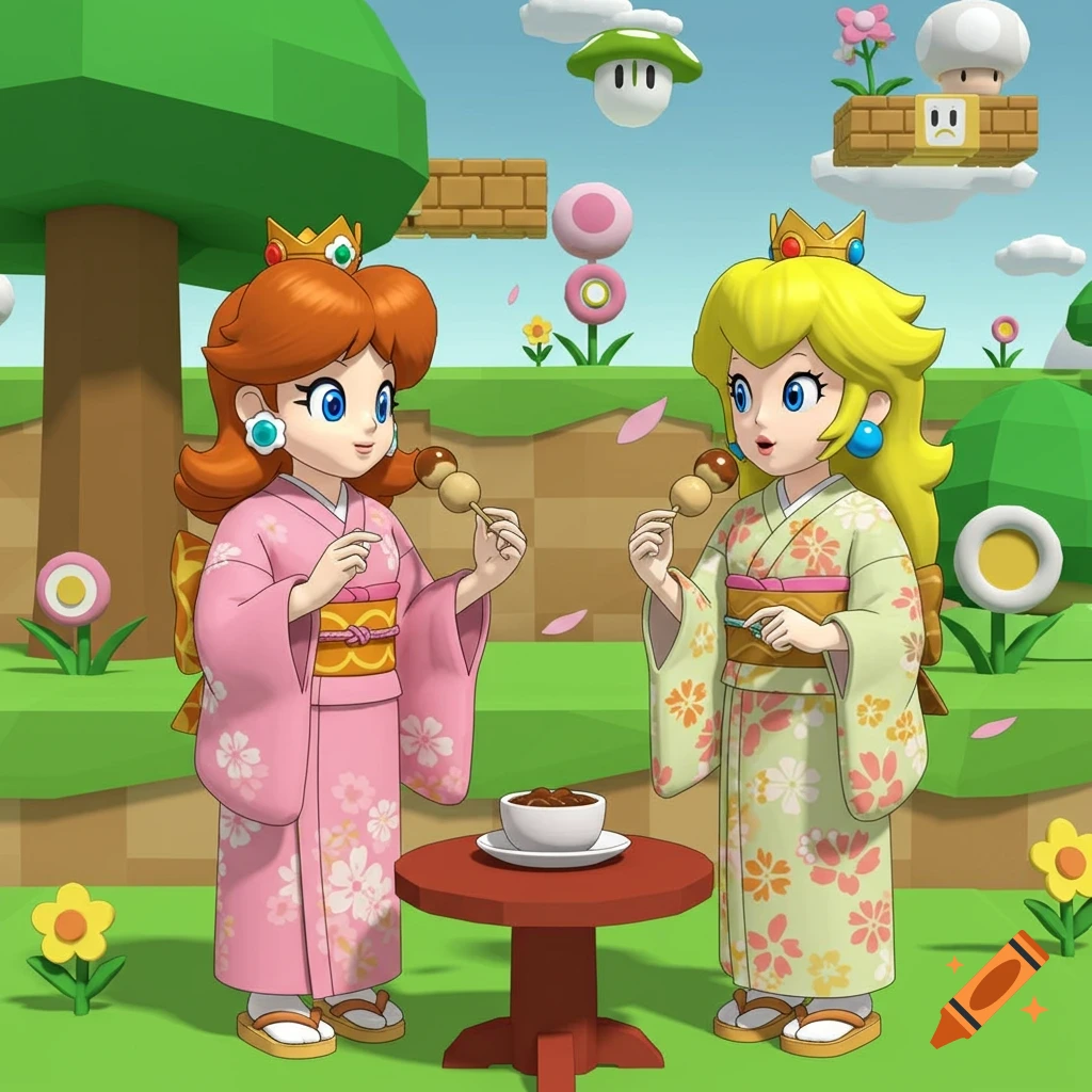 Princess Daisy and Peach in kimonos eating dango, Mario 64 style on Craiyon