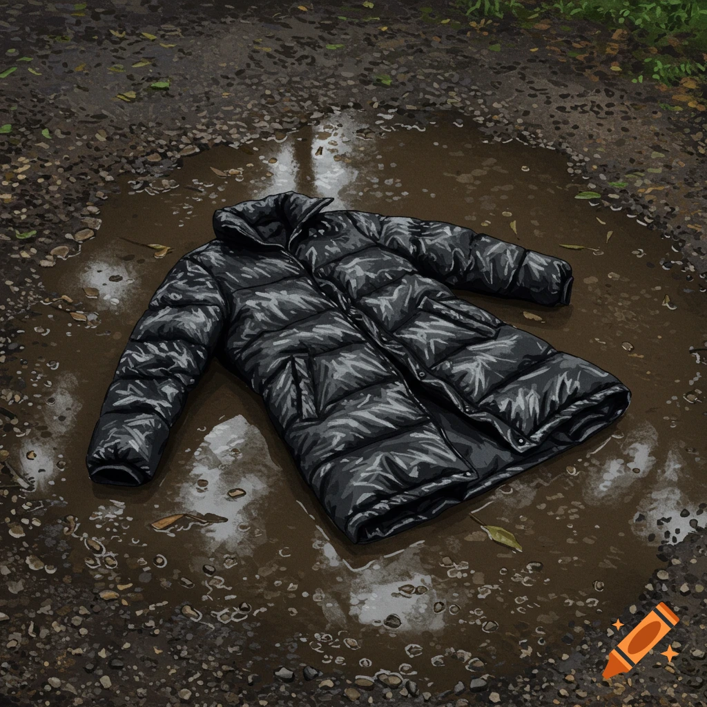 Black puffer coat lying in a mud puddle on Craiyon