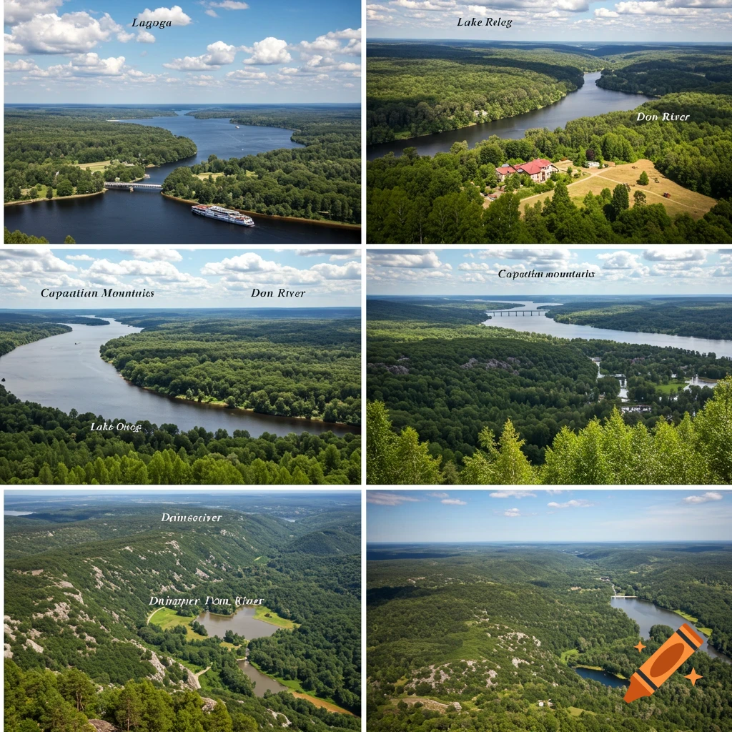 Picture collage of Lake Ladoga, Lake Onega, Carpathian Mountains ...