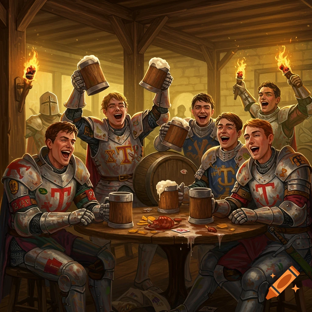 Medieval knights celebrating in a tavern, raising mugs of beer. on Craiyon