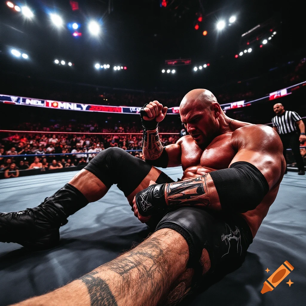 First-person view of pinning Randy Orton in WWE ring on Craiyon