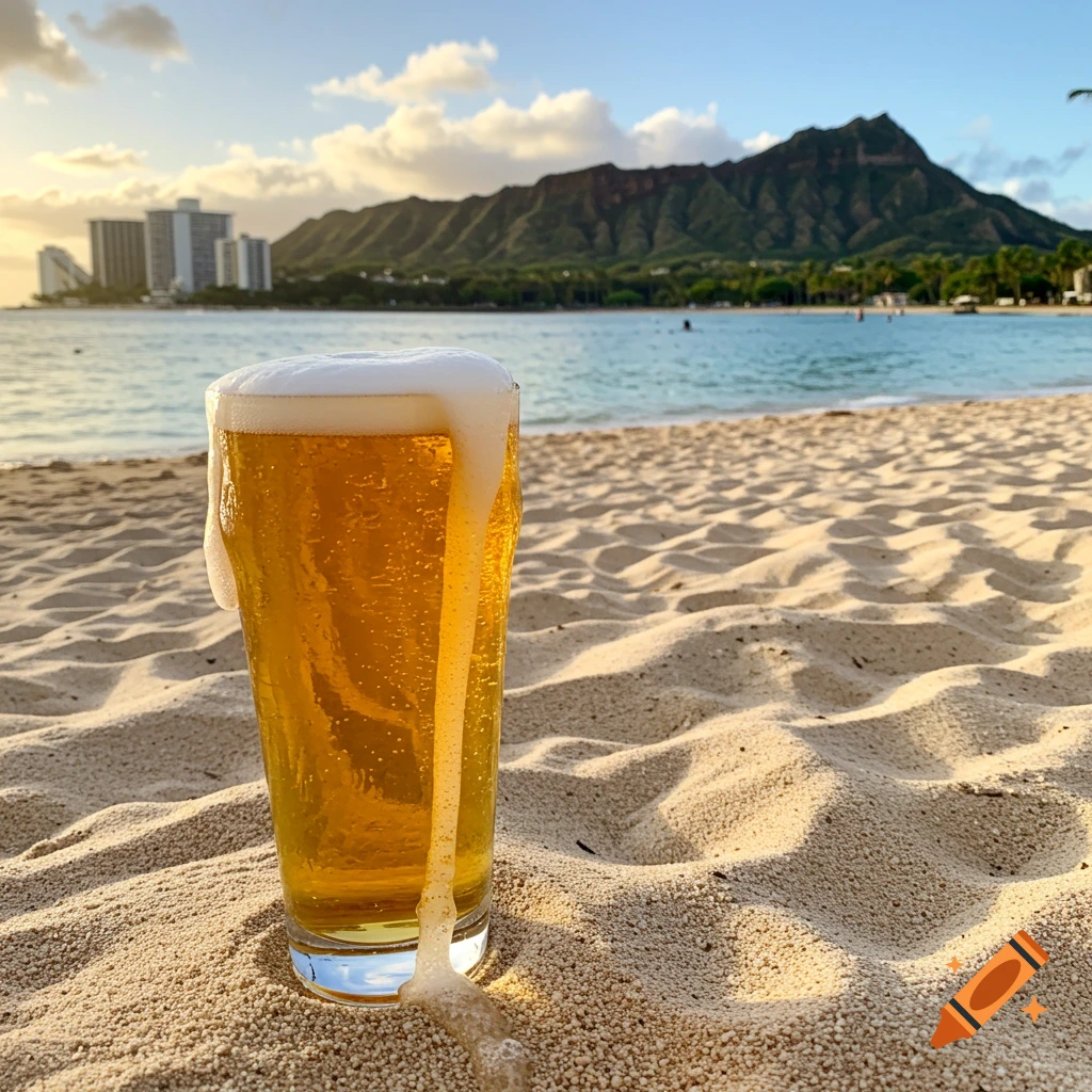 Ice cold beer on a tropical beach with Diamond Head on Craiyon