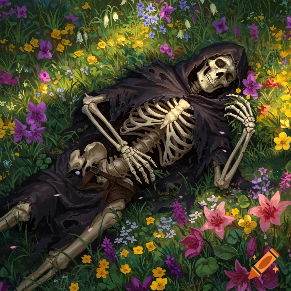 Sleepy skeleton in wildflower meadow, eternal warrior style on Craiyon