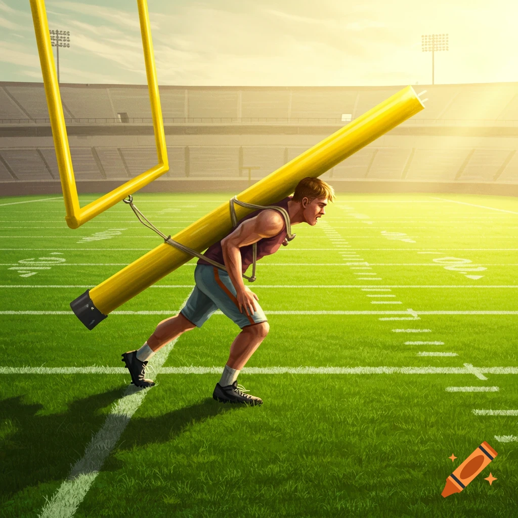 Figure carrying football goalpost on back across football field on Craiyon