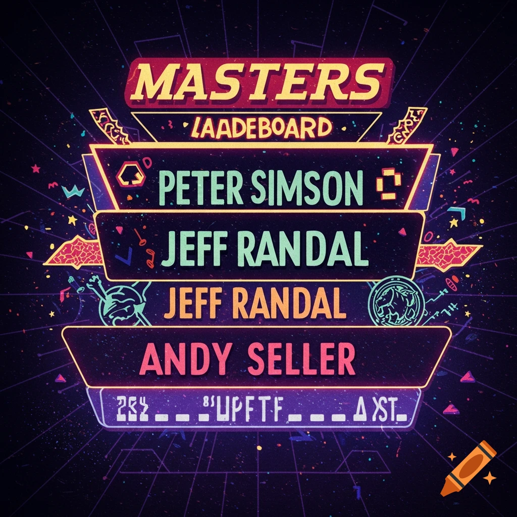 Masters leaderboard with names Peter Simpson, Jeff Randal, Andy Seller ...