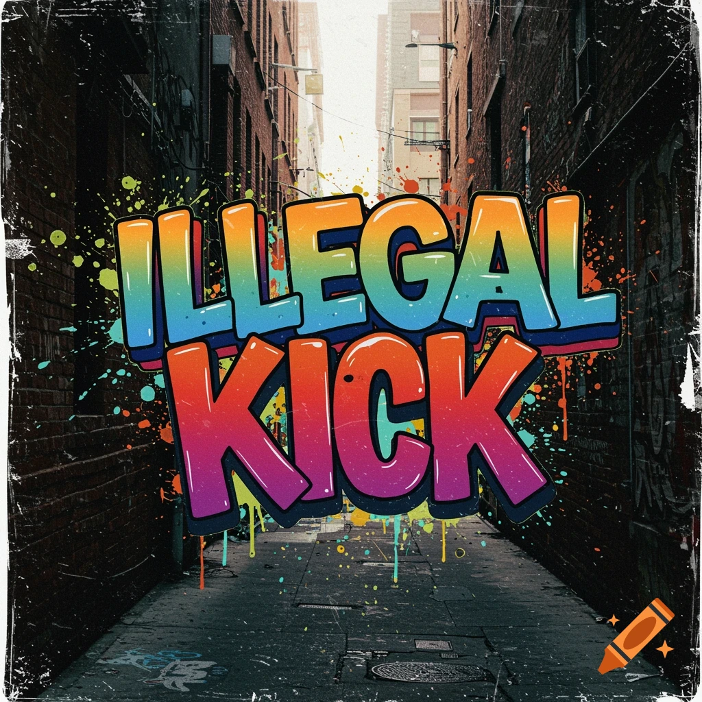 Colorful graffiti text 'ILLEGAL KICK' splattered over a dark urban ...