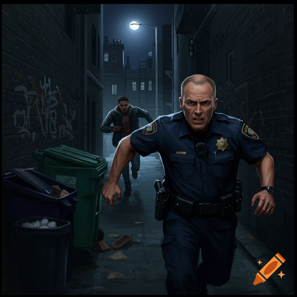 A police officer is running in an alleyway, chasing a person in the ...