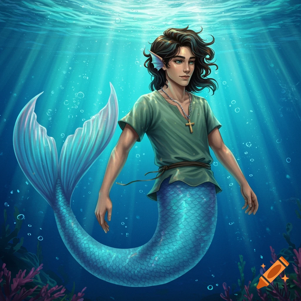 Fantasy art of a red-haired elf swimming underwater in a dark dress ...