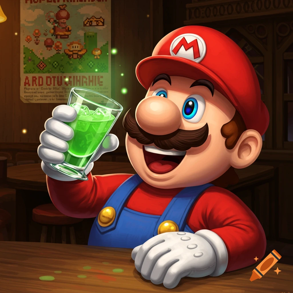 Super Mario Bros drinking absinthe on Craiyon
