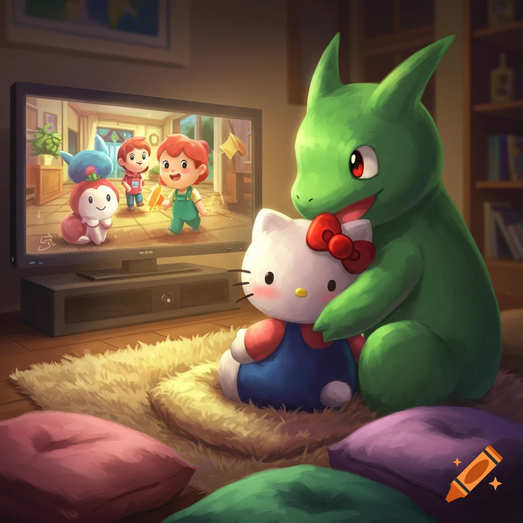 Hello Kitty and Scyther cuddling while watching a movie on Craiyon