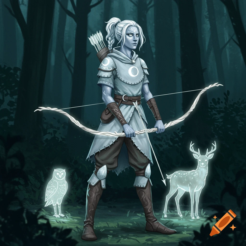 Tall, lean figure with braided hair, tunic with moon emblem, and pale ...