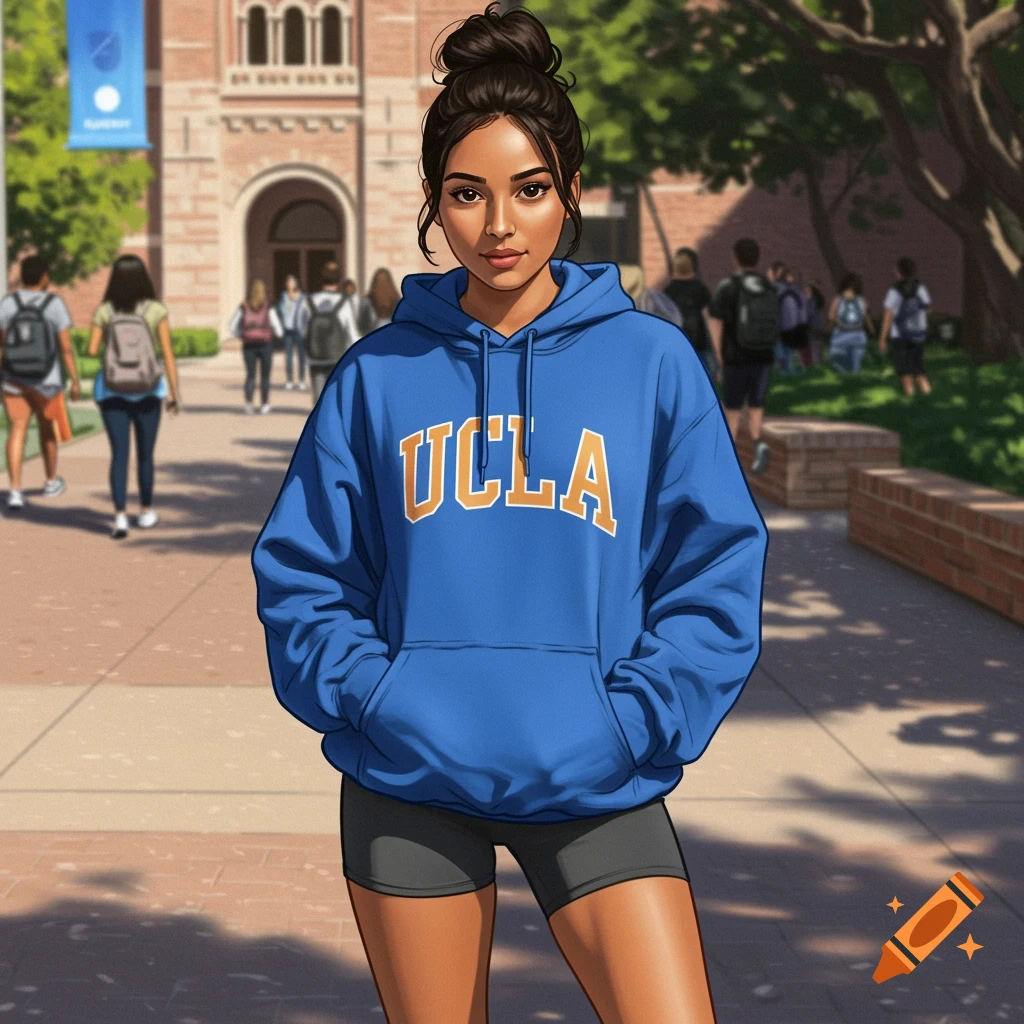 University student wearing UCLA hoodie and spandex shorts on Craiyon