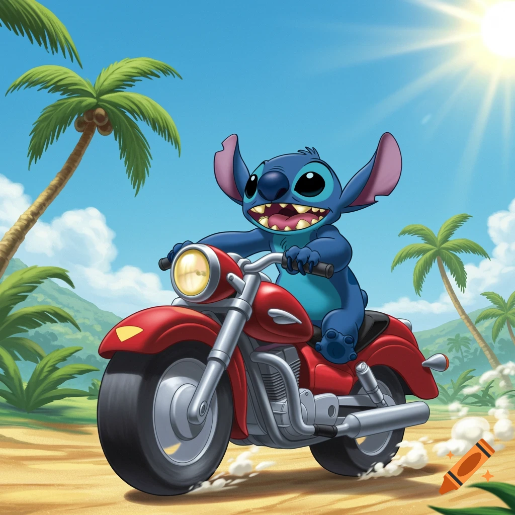 Stitch riding a red motorcycle in Disney style on Craiyon