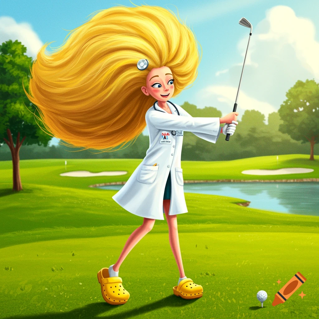 Woman with gold hair in doctor's jacket golfing on Craiyon