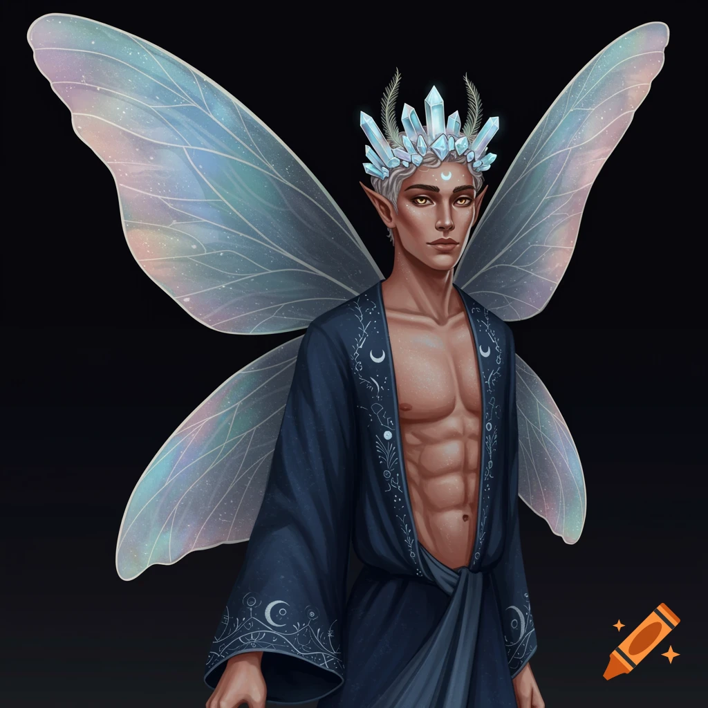 Painting of a male fairy with iridescent wings, crystal crown, and blue ...