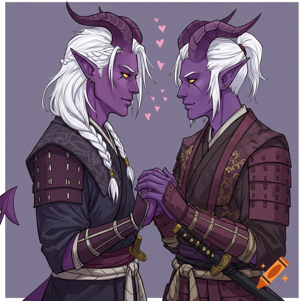 Two male tieflings in samurai gear hold hands and gaze at each other ...