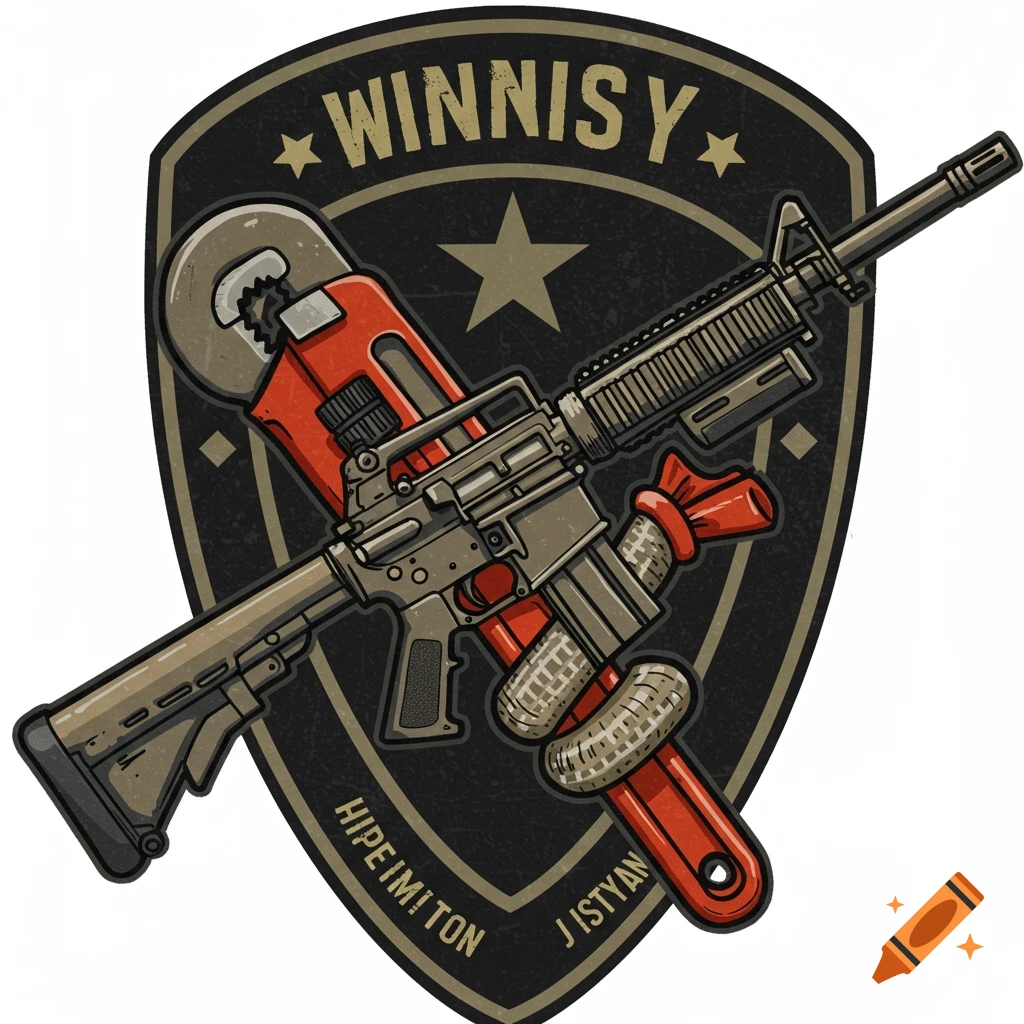 Military patch emblem with a crossed M4 rifle and pipe wrench. on Craiyon