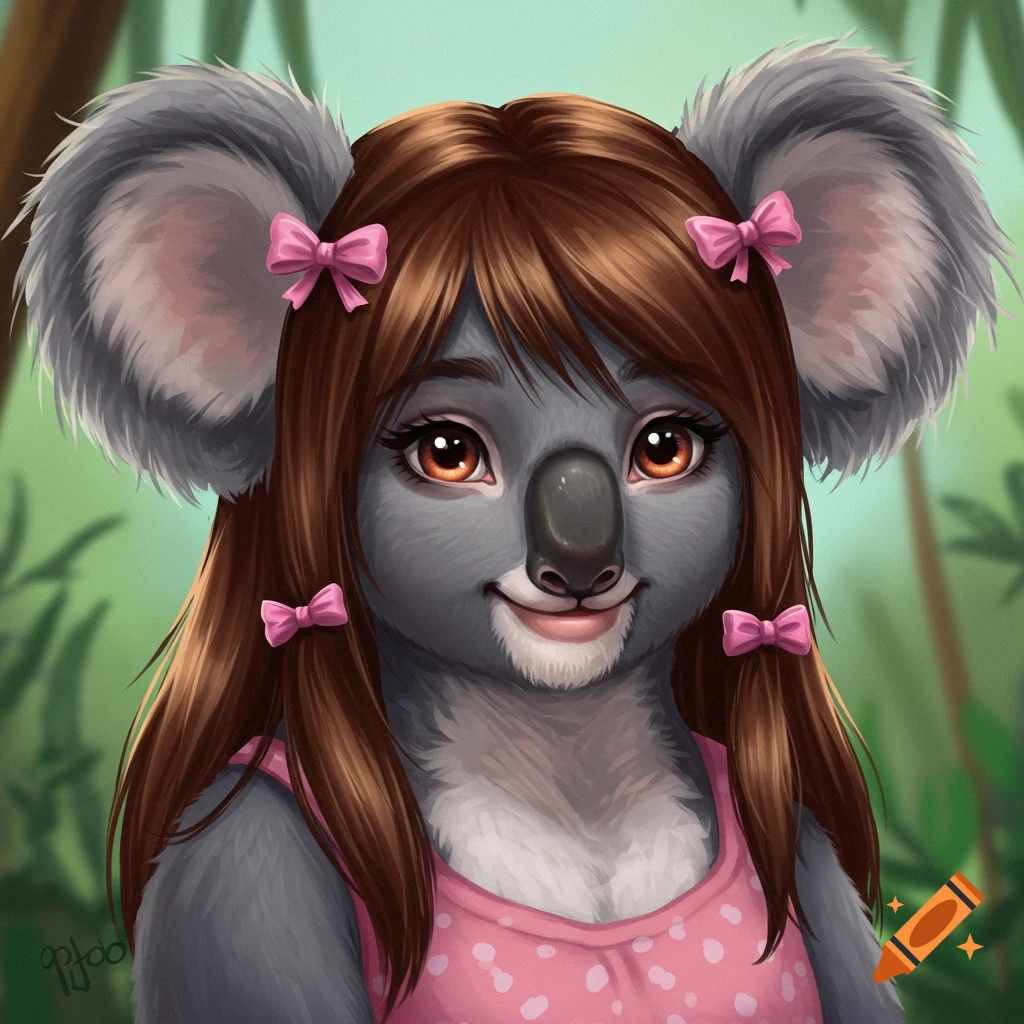 Image of a cute anthropomorphic koala with long hair and pink bows ...