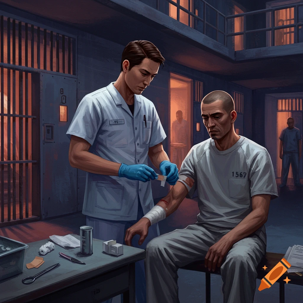 Three medical doctors with tattoos on hands holding a machete on Craiyon