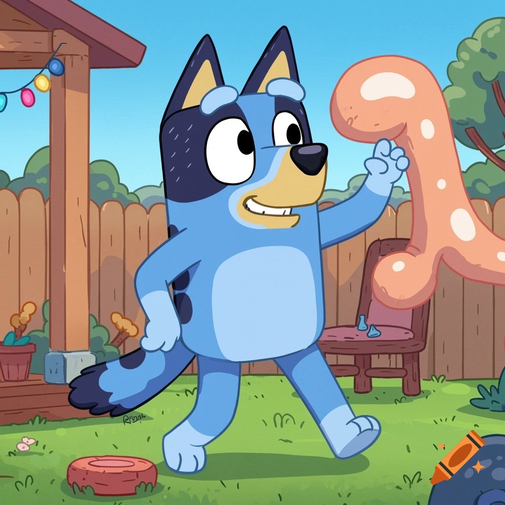 A cartoon style image of a blue dog (Bandit from Bluey) holding an ...