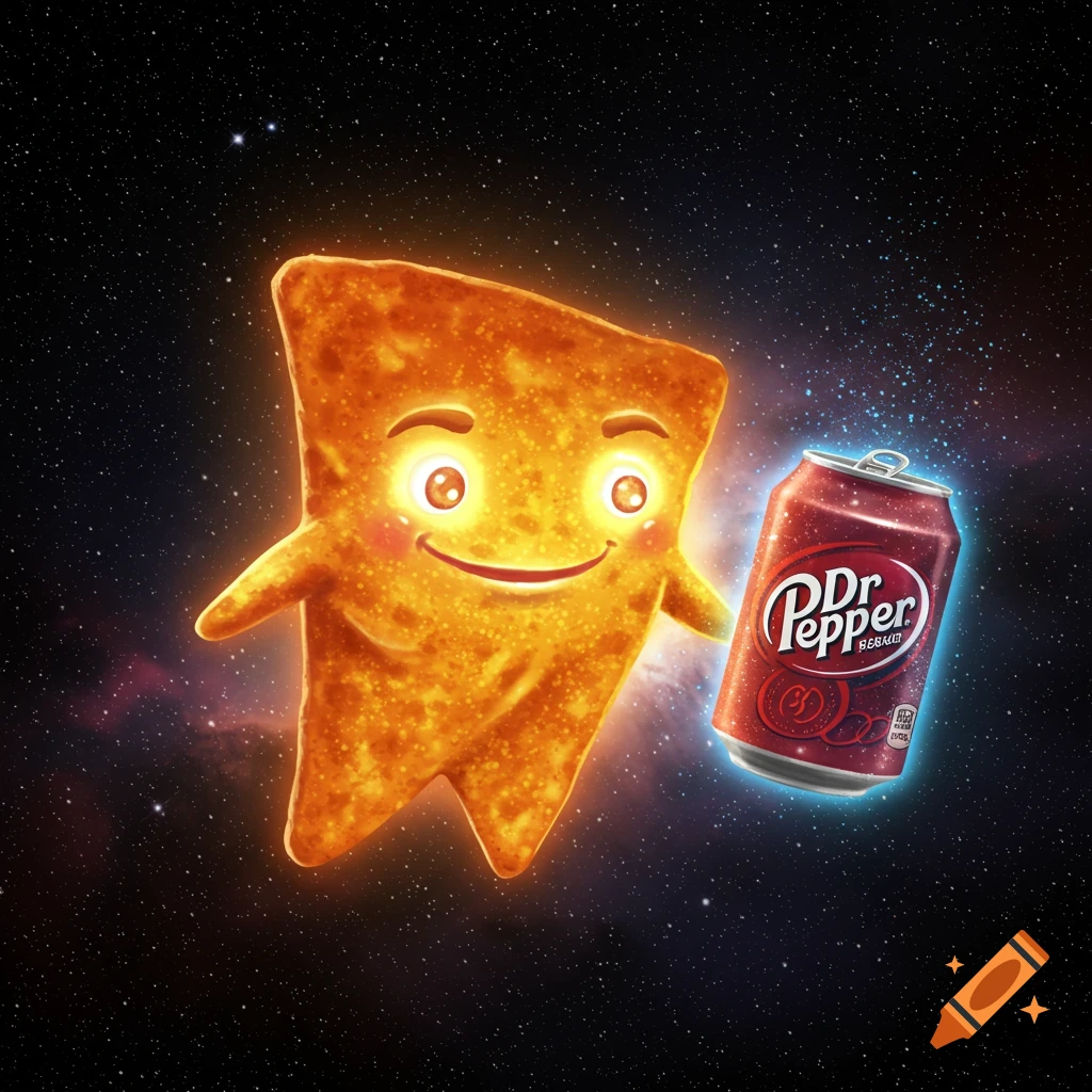 Dorito with a face as an omnipotent being in space with a Dr Pepper can ...