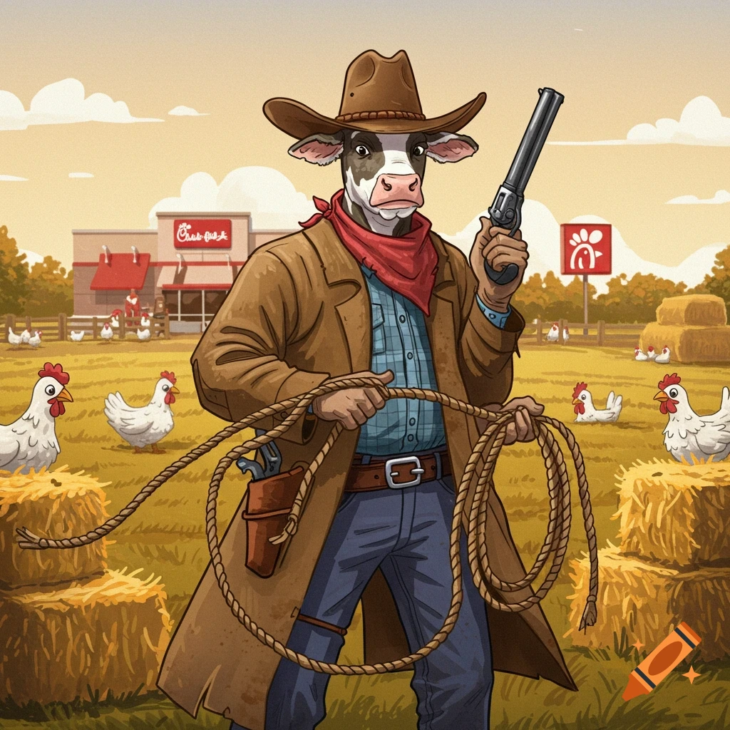 Cow bounty hunter working for Chick-fil-A, hunting chickens on Craiyon
