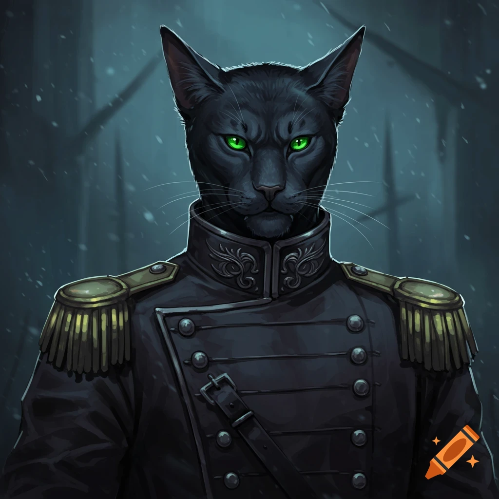 Androgynous catman with black fur and green eyes in guard uniform on ...