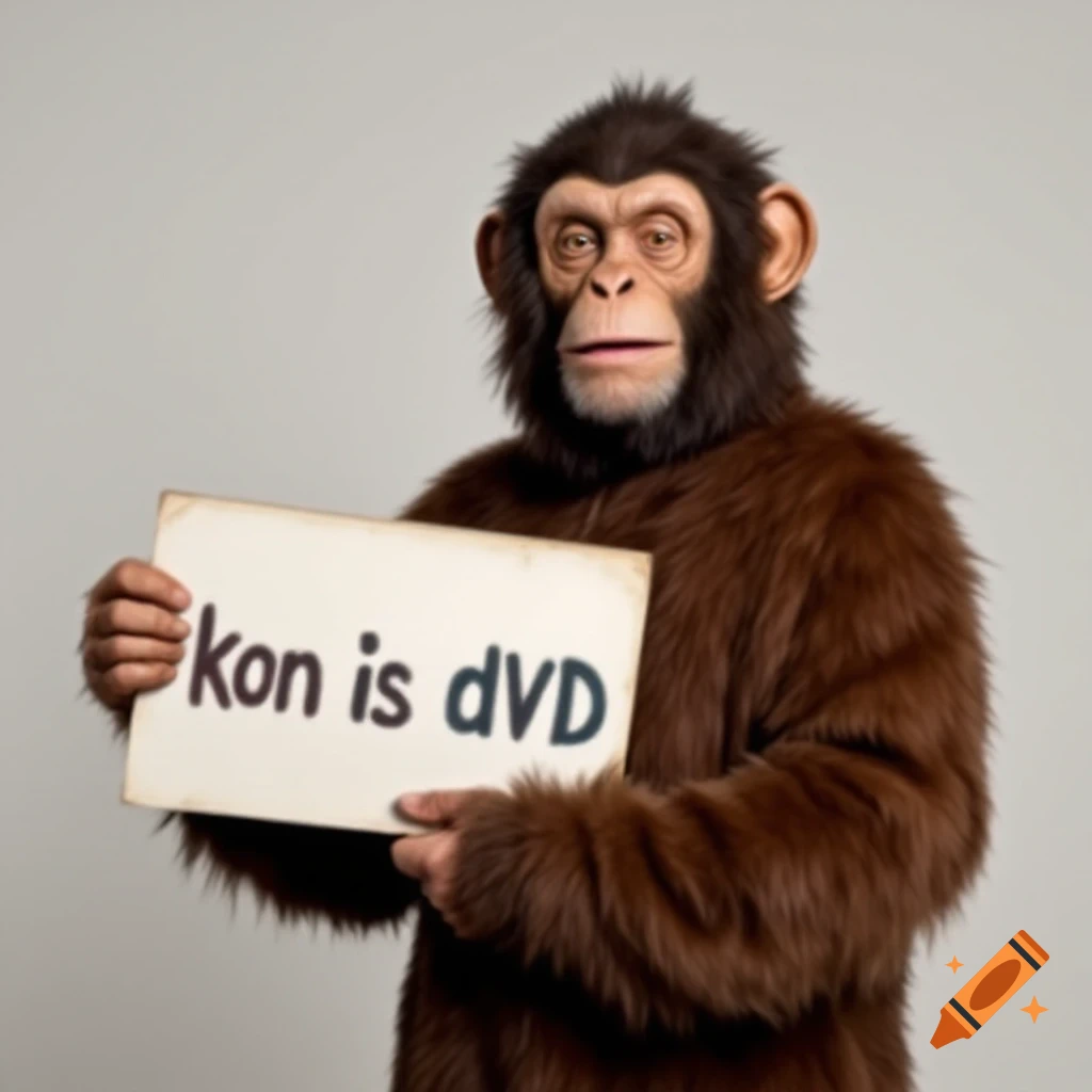 Dr. Phil in a monkey suit holding a sign that says “kon is dvd” on Craiyon