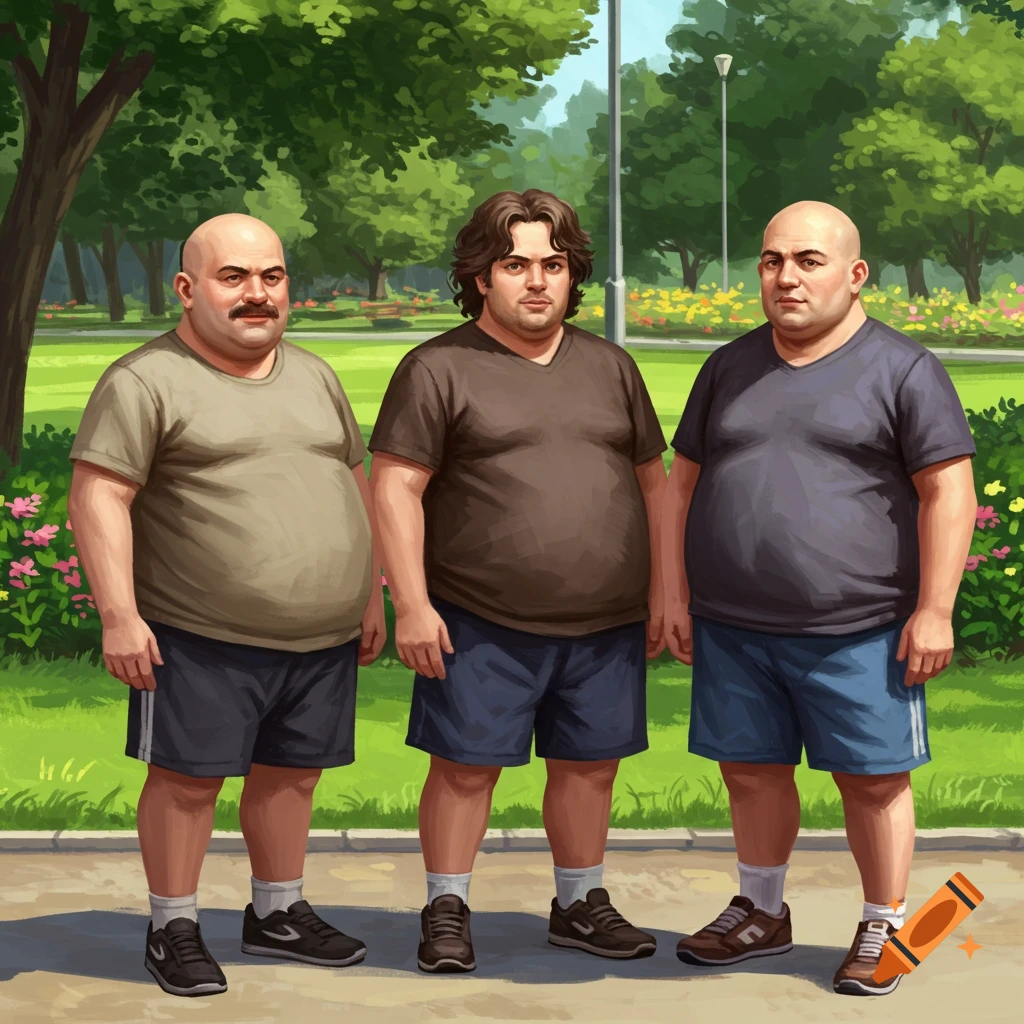 Three smiling chubby men standing in a park. on Craiyon