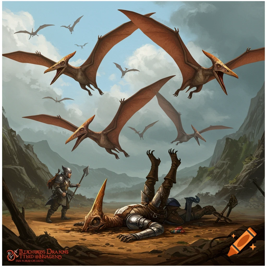 Pterodactyls flying away from a Dungeons and Dragons party, one member ...