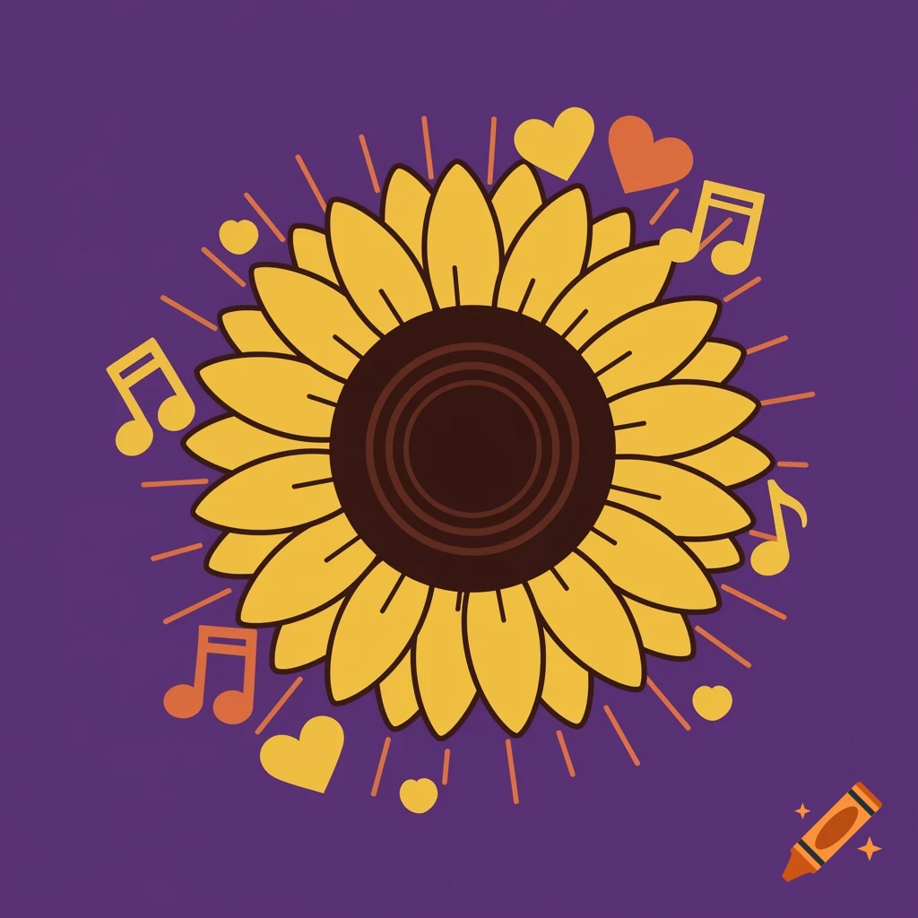A vector graphic illustration of a sunflower surrounded by music notes ...