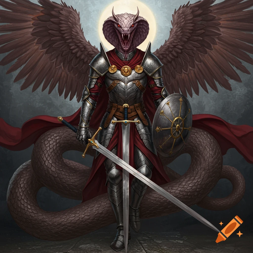 A fantasy illustration of a serpent-headed warrior in elaborate armor ...