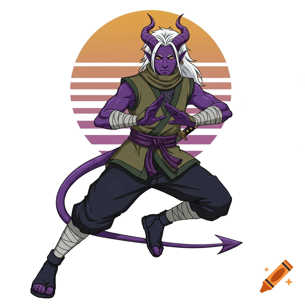 Purple-skinned tiefling in ninja gear striking a dynamic pose against a ...