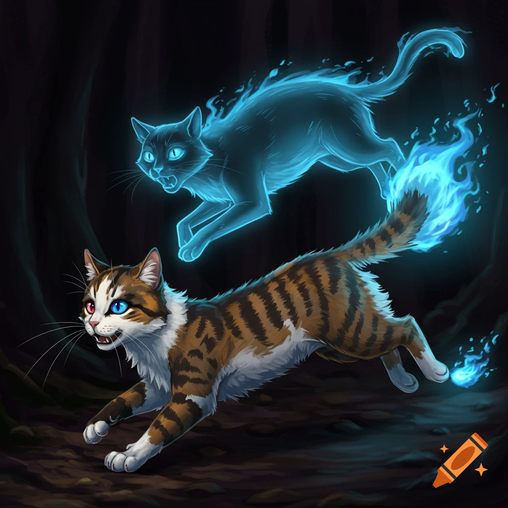Calico cat running from a spectral black cat with blue flames on Craiyon