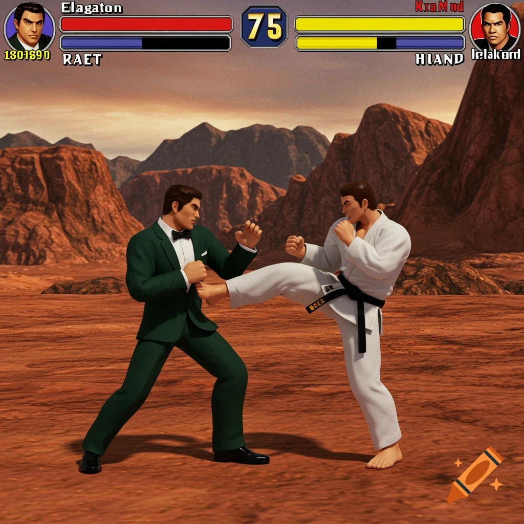 3D render of secret agent in green tuxedo battling karate blackbelt on ...