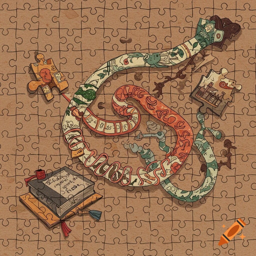 Incomplete puzzle with missing pieces, memories, and DNA strand on Craiyon