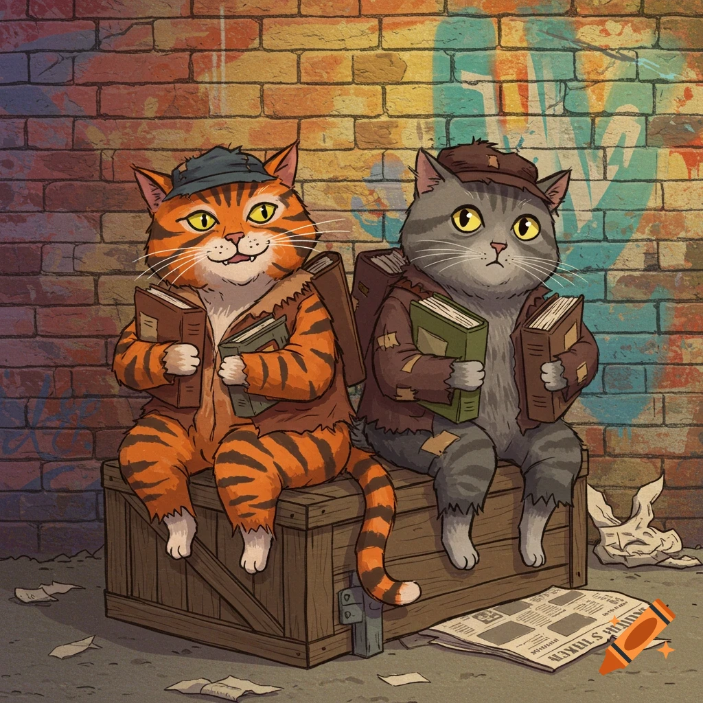 Cartoon illustration of a fluffy orange cat in a radio lab holding a ...