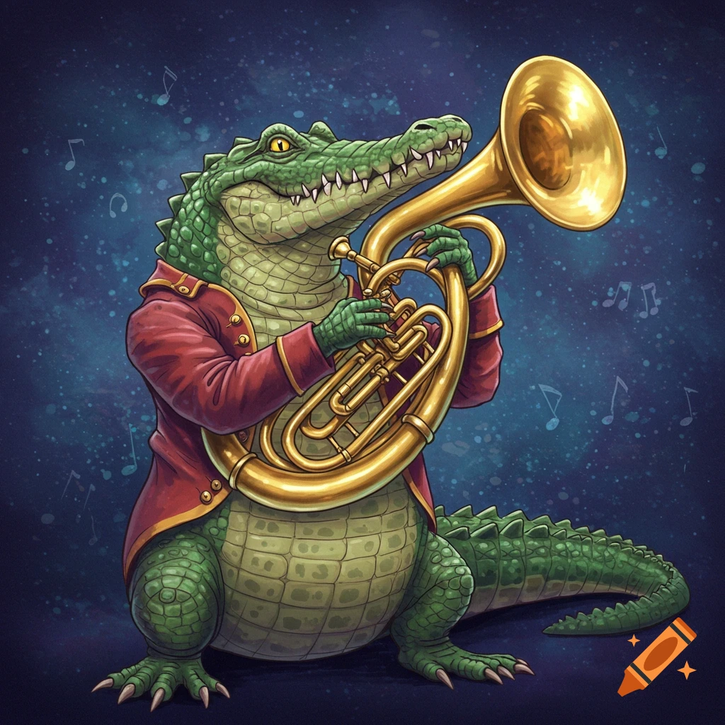 An illustrated alligator plays a trombone in a swampy setting. on Craiyon