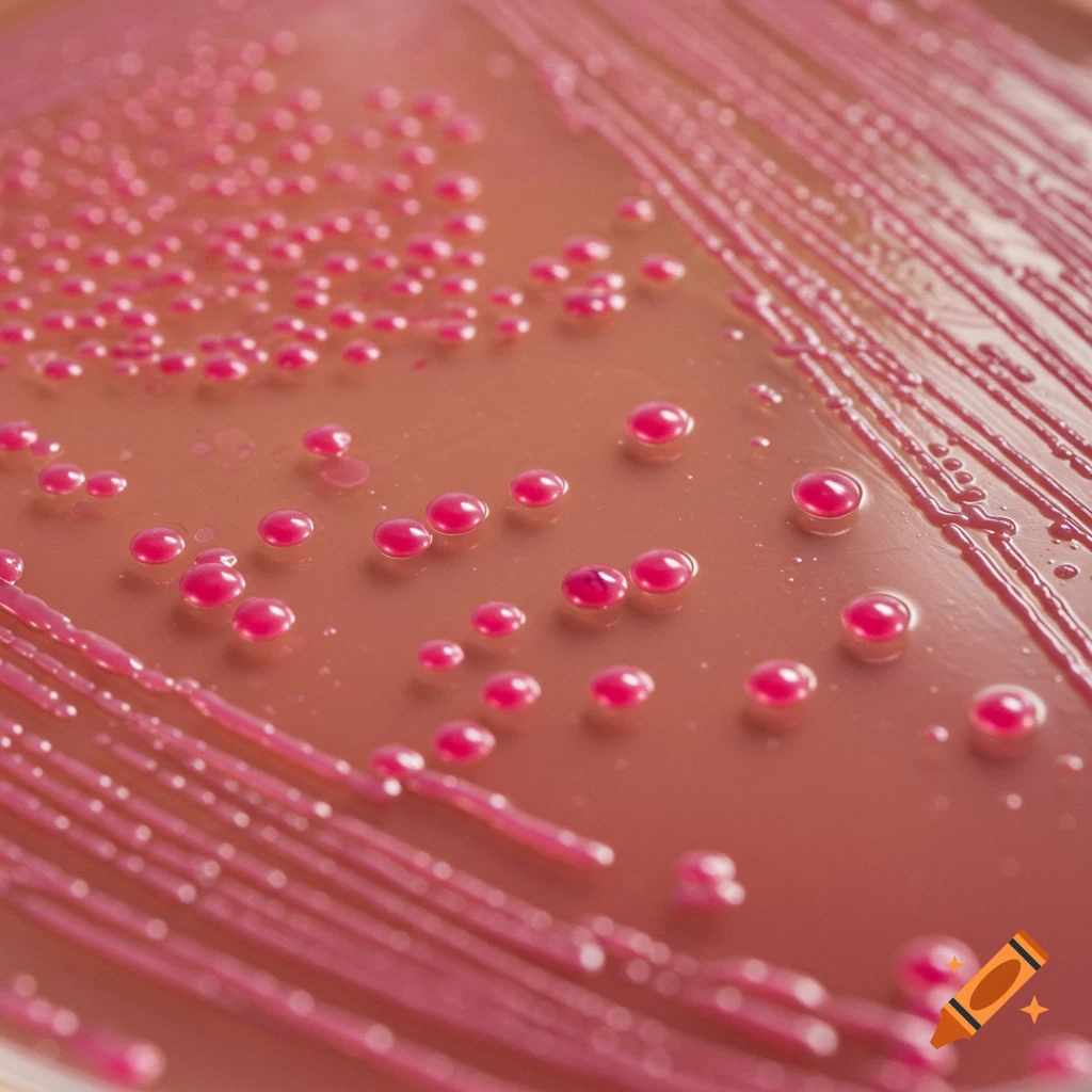Klebsiella pneumoniae pink colonies on MacConkey Agar on Craiyon